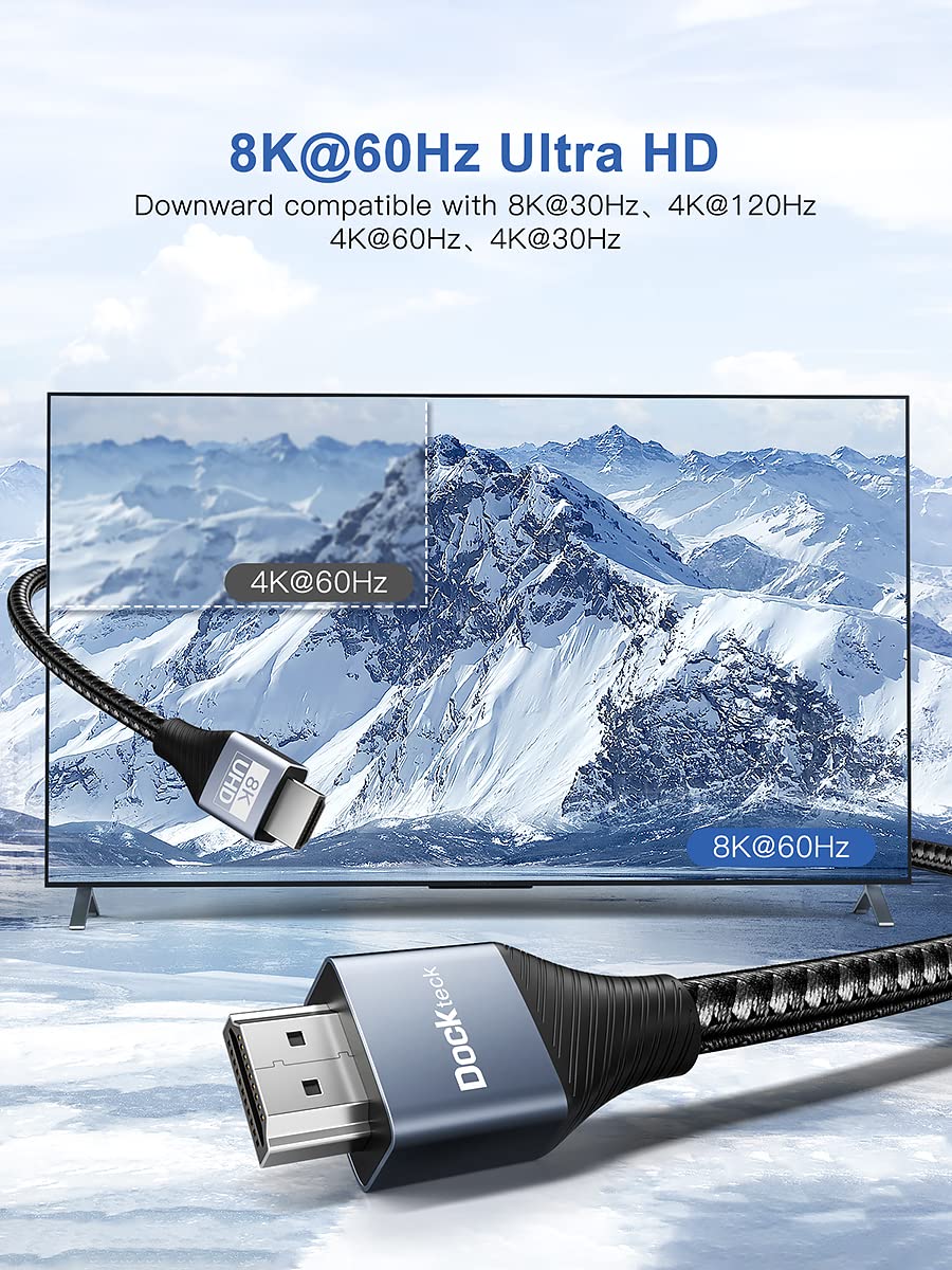 dockteck 8K HDMI Cable 6ft | High Speed hdmi to hdmi Cables 2.1, Braided Cord 60Hz 48Gbps 120Hz Support eARC Dolby Vision HDR 10 HDCP 2.2 & 2.3, Compatible with Roku TV PS5/4 HDTV Xbox Blu-ray