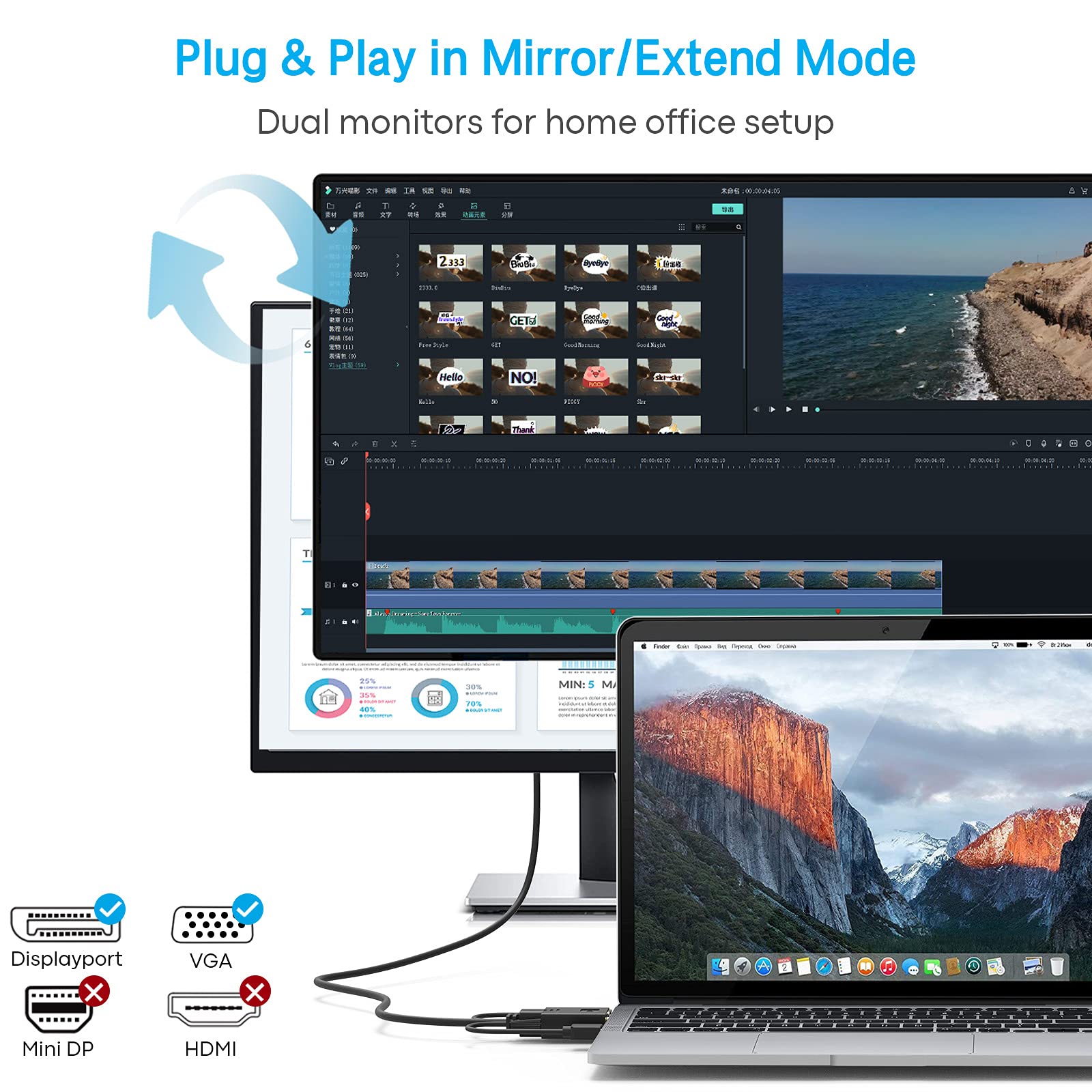 TECHTOBOX VGA to Displayport Cable VGA to DP Male to Male Cable Converter Support 1080P Full HD from PC Laptop Graphics Card to Monitor Display or Projector - 6.6FT