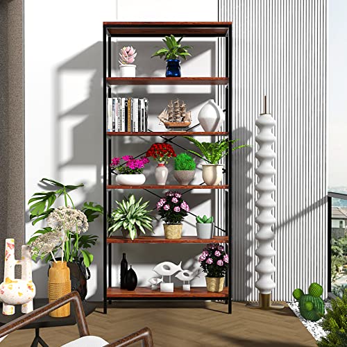 6 Tier Industrial Bookshelf, 71" Tall Open Bookcase, Rustic Wood Organizer Shelves on Metal Frame, Multi-Functional Storage Shelf Rack for Bedroom Living Room Garage Office Basement