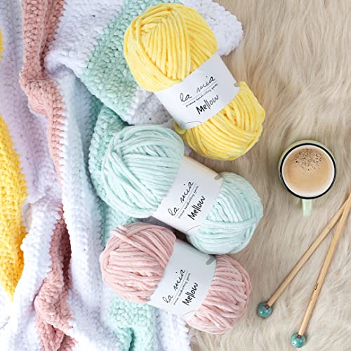 2 Skein La Mia Mellow Velvet Chenille Yarn for Knitting and Crocheting Baby Clothes, Blankets and Accessories, 100% Polyester, 100 gr (3.5 oz) / 115 m (125 Yards), Super Bulky, Blue - 936