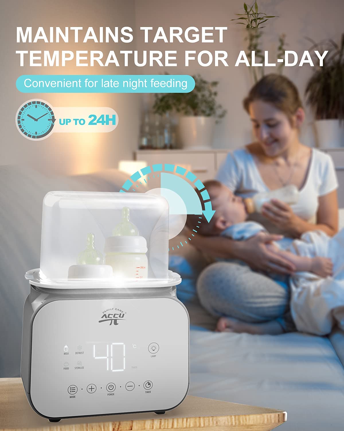 Baby Bottle Warmer, Double Bottle Warmer for Breastmilk, 6-in-1 Baby Food Heater Defroster, Fast Infant Formula Warmer with Timer for Twins, 24H Temp Control, BPA Free