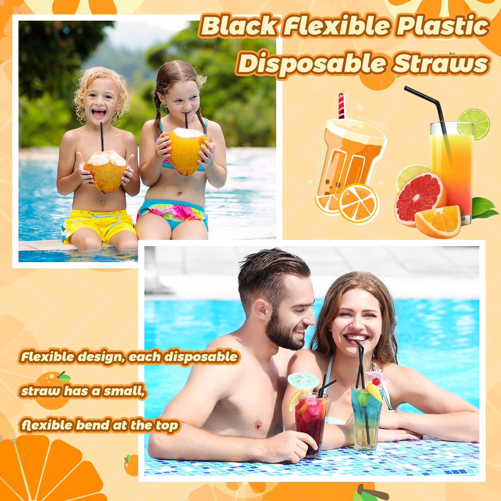 1000 Pcs Flexible Disposable Plastic Drinking Straws Bulk Plastic Long Flexible Straws (Black)