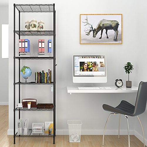 Anfan 6 Tier Wire Shelving Unit Heavy Duty Metal Wire Storage Shelves with Adjustable Leveling Feet & Side Hooks for Kitchen, Garage and Office (Black)