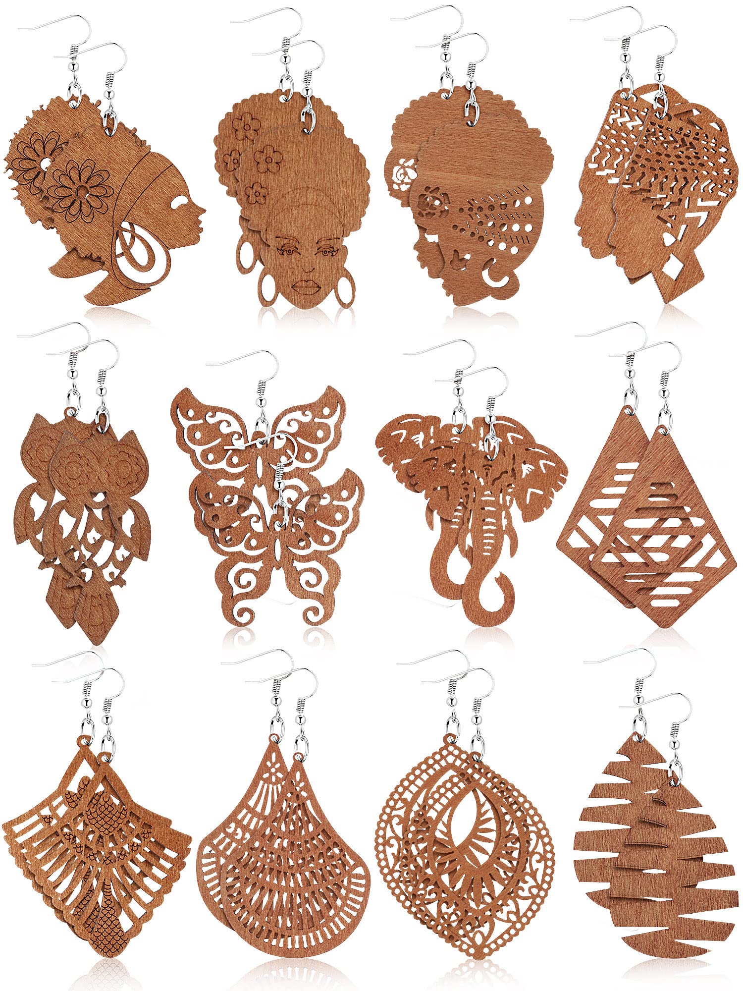 12 Pairs African Wooden Earrings for Women Bohemian Wood Earrings Bulk Ethnic Dangle Drop Earrings Boho African Earrings(Stylish Style)
