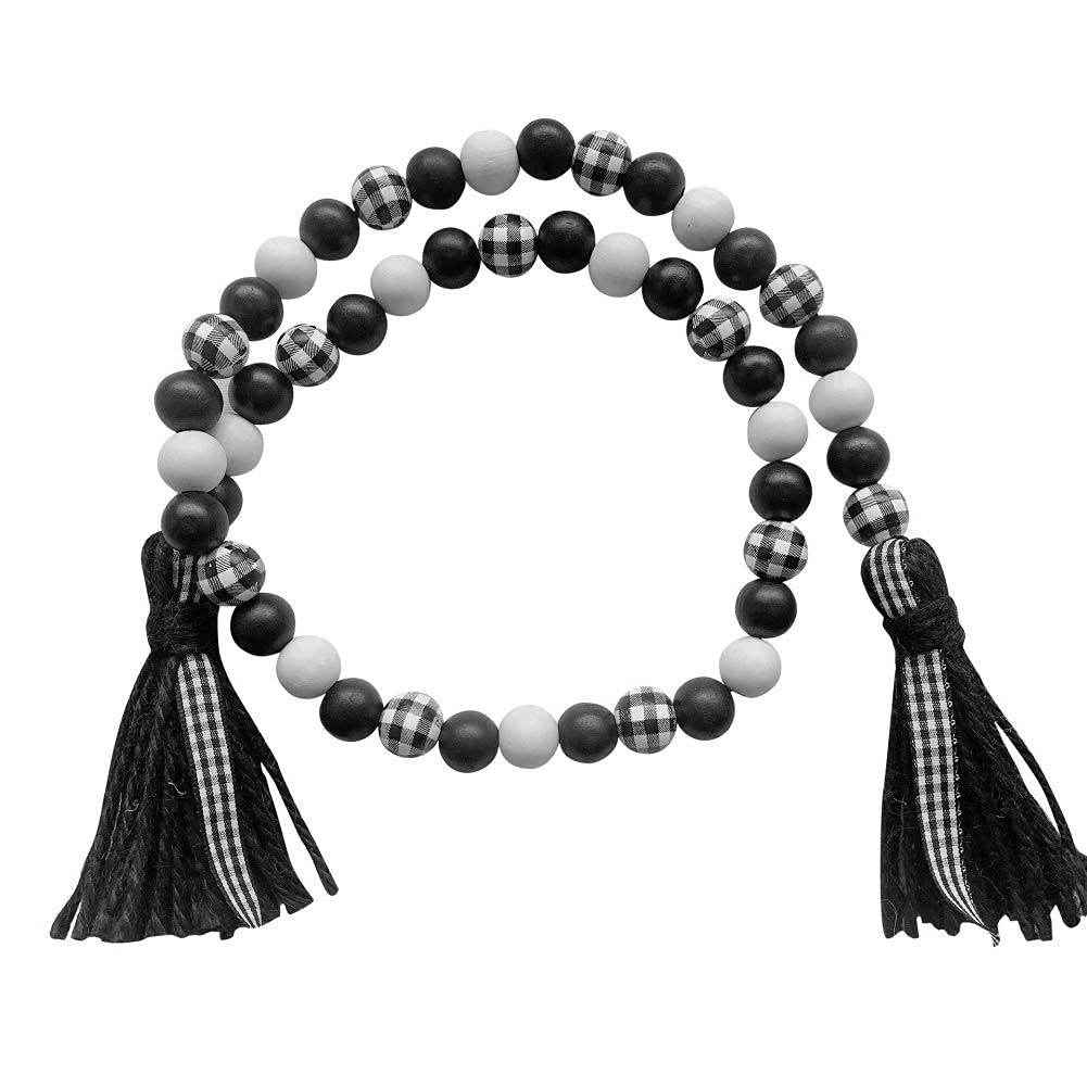 36 inch Wood Bead Garland with Jute Rope Plaid Tassel Tiered Tray Decoration Farmhouse Rustic Beads Natural Wood Beads Decor for Home Garden Holiday Party Hanging Ornament Black