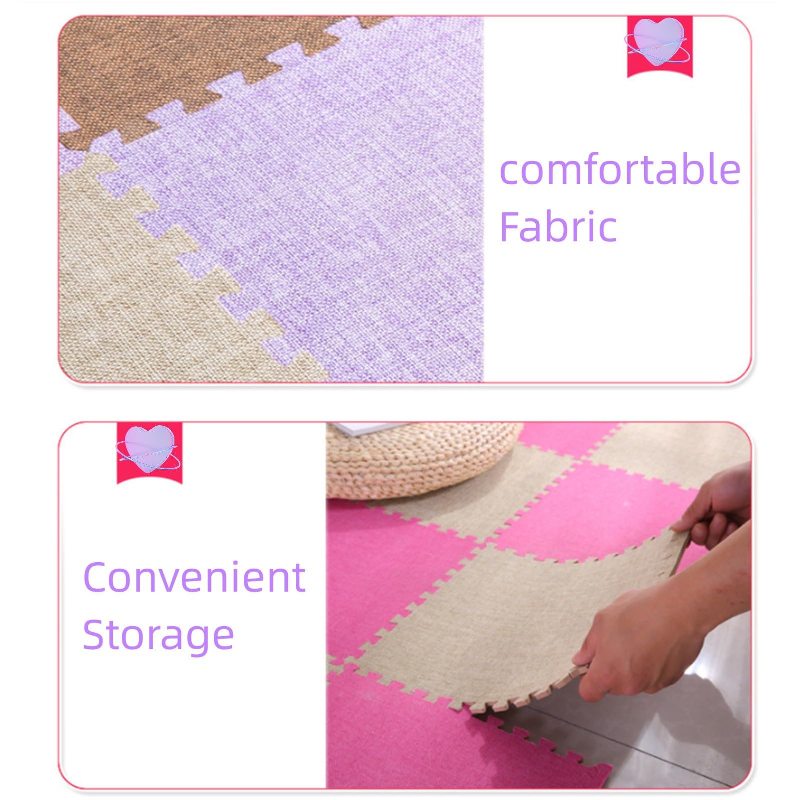 10 Pcs Non-Slip Puzzle Floor Tiles with Borders, Cotton Linen Interlocking Floor Mat in Two Sizes, Cold Insulation Moisture Proof Foam Play Mats