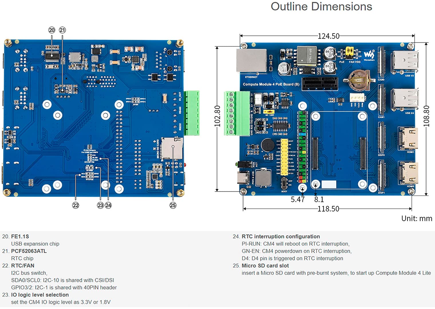 Compute Module 4 IO Board with PoE Feature (B) for All Variants of Compute Module 4,Integrates 802.3af-Compliant PoE Circuit,with Rich Peripheral Connectors (CSI/DSI/HDMI/USB/ETH/PCIe/RS232/RS485)