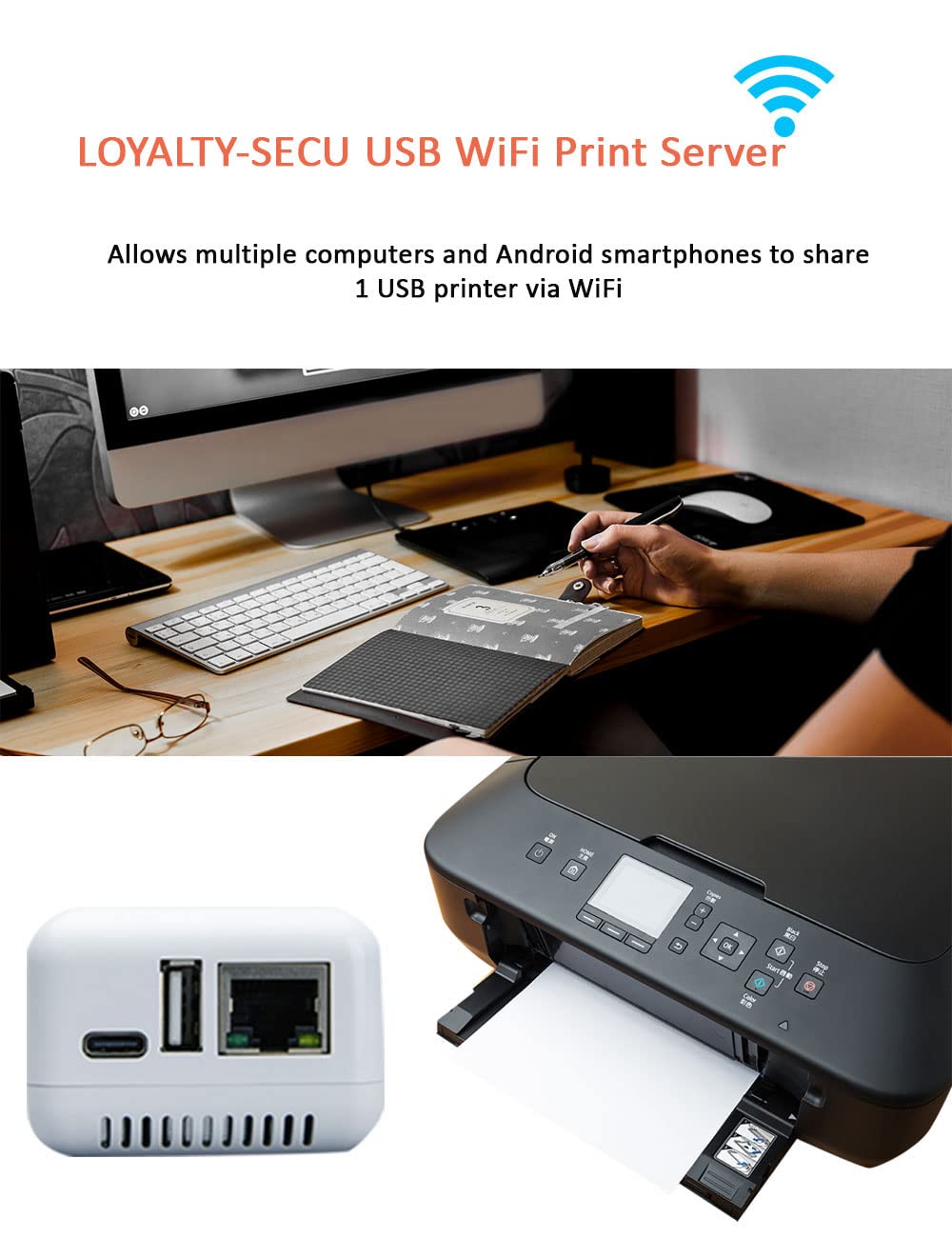 LOYALTY-SECU WiFi USB Print Server | Wireless Network Printer Adapter for Multi-User Printing | Compatible with Windows