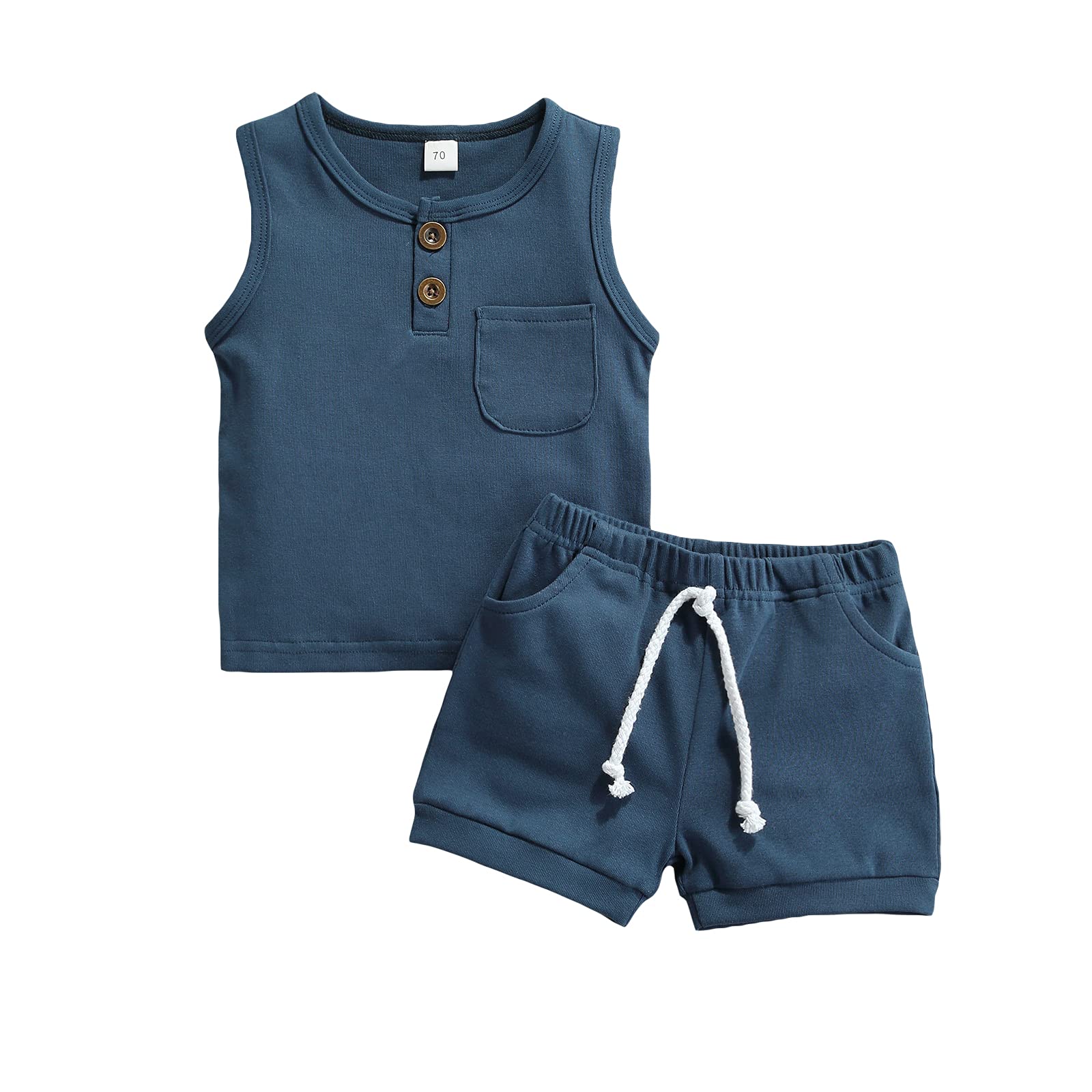 CIYCUIT 2Pcs Baby Boy Summer Clothes Infant Toddler Solid Color Sleeveless Tank Tops Shorts Set Blue 12-18 Months