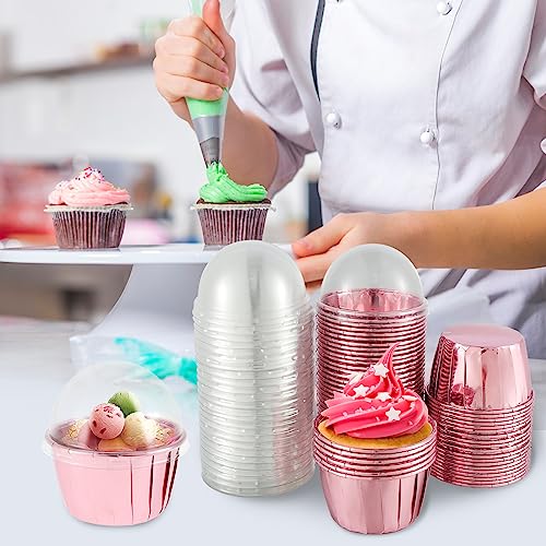 100Pcs Aluminum Foil Cupcake Cups Liner 3.5oz Non-Stick Mini Baking Cups Heat-Resistant Small Muffin Pie Liner with Lids and Spoons Reusable Dessert Cake Container for Home Kitchen (Rose Gold)