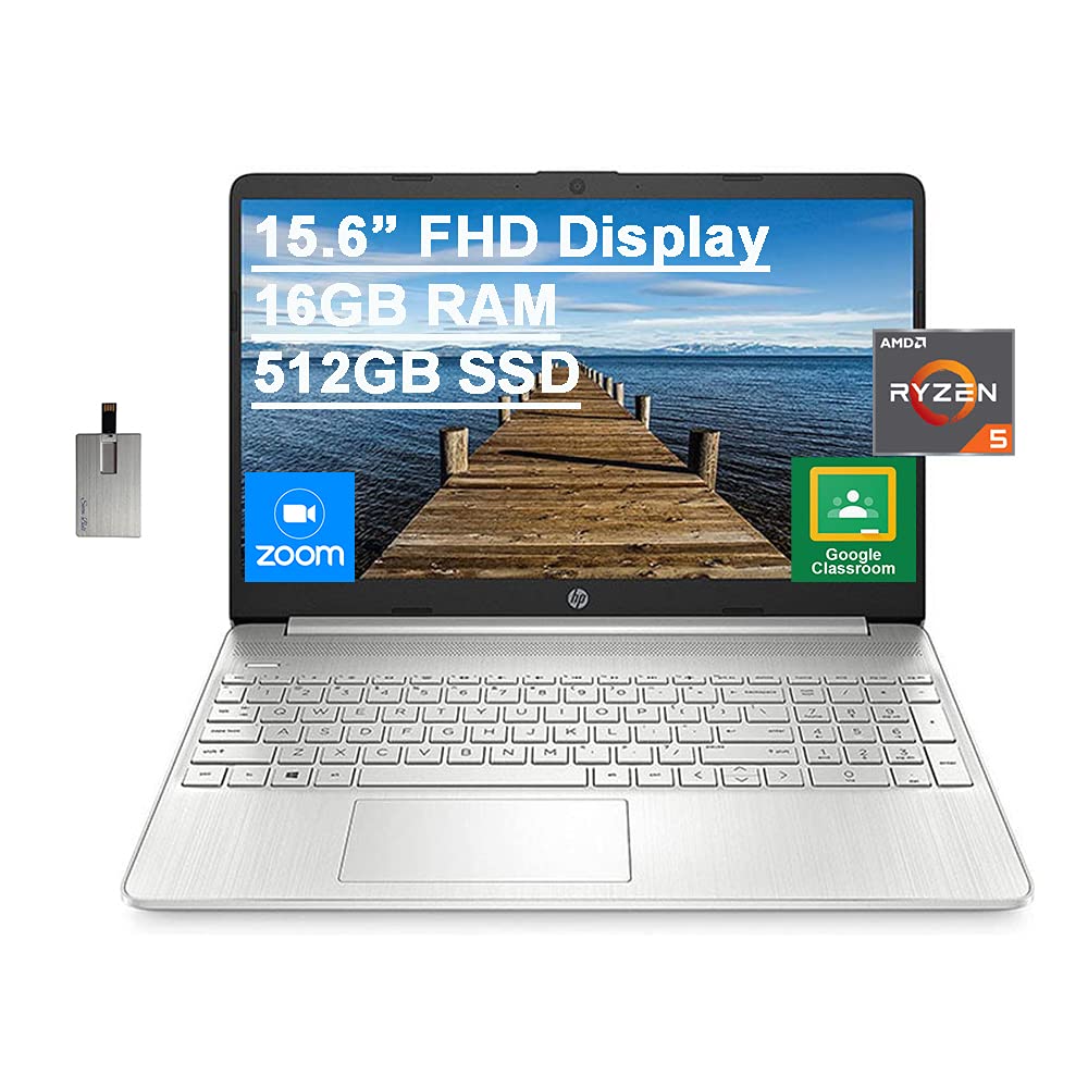 HP 2022 15.6" FHD Laptop Computer, AMD Ryzen 5-5500U Processor(Beats Intel i7-1065G7), 16GB RAM, 512GB PCIe SSD, AMD Radeon Graphics, HD Webcam, Bluetooth, Wi-fi, Win 10, Silver, 32GB USB Card