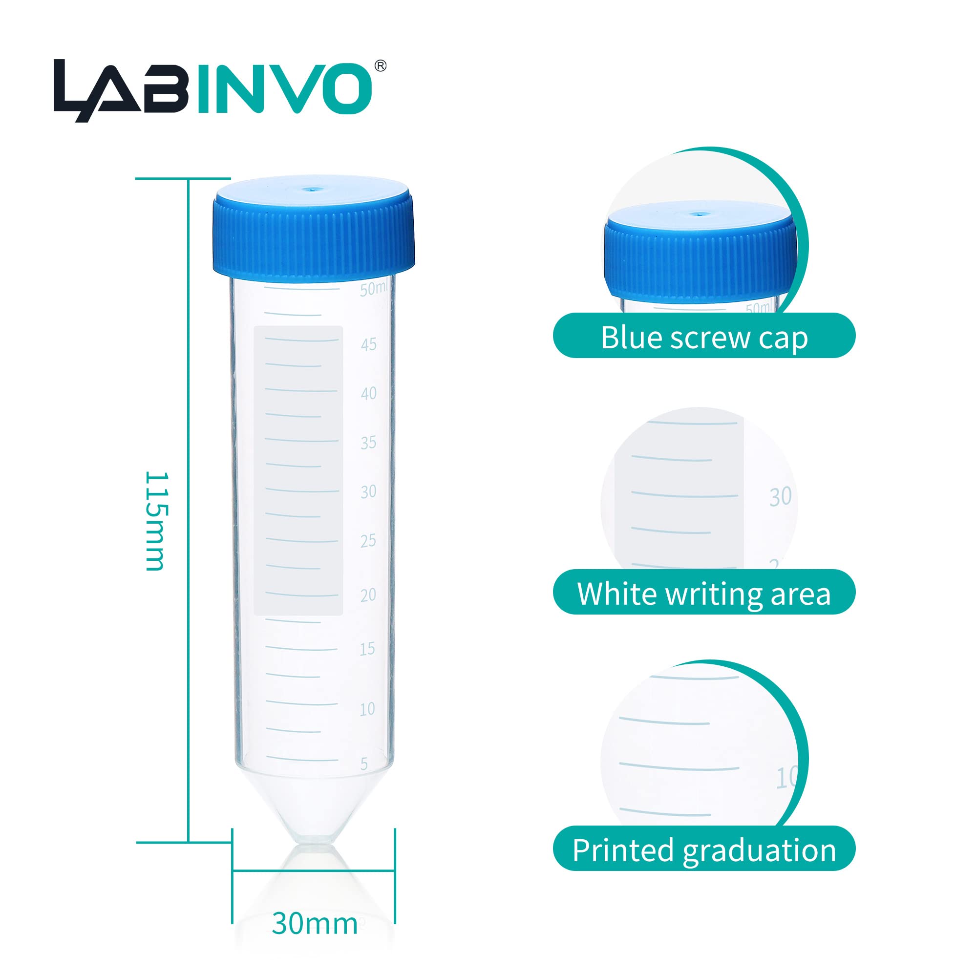 LABINVO 50ml Centrifuge Tube, Blue Screw Cap, Printed Graduation, E.O. Sterile Conical Tubes, 30x115mm, Pack of 50, IN-CT50EO