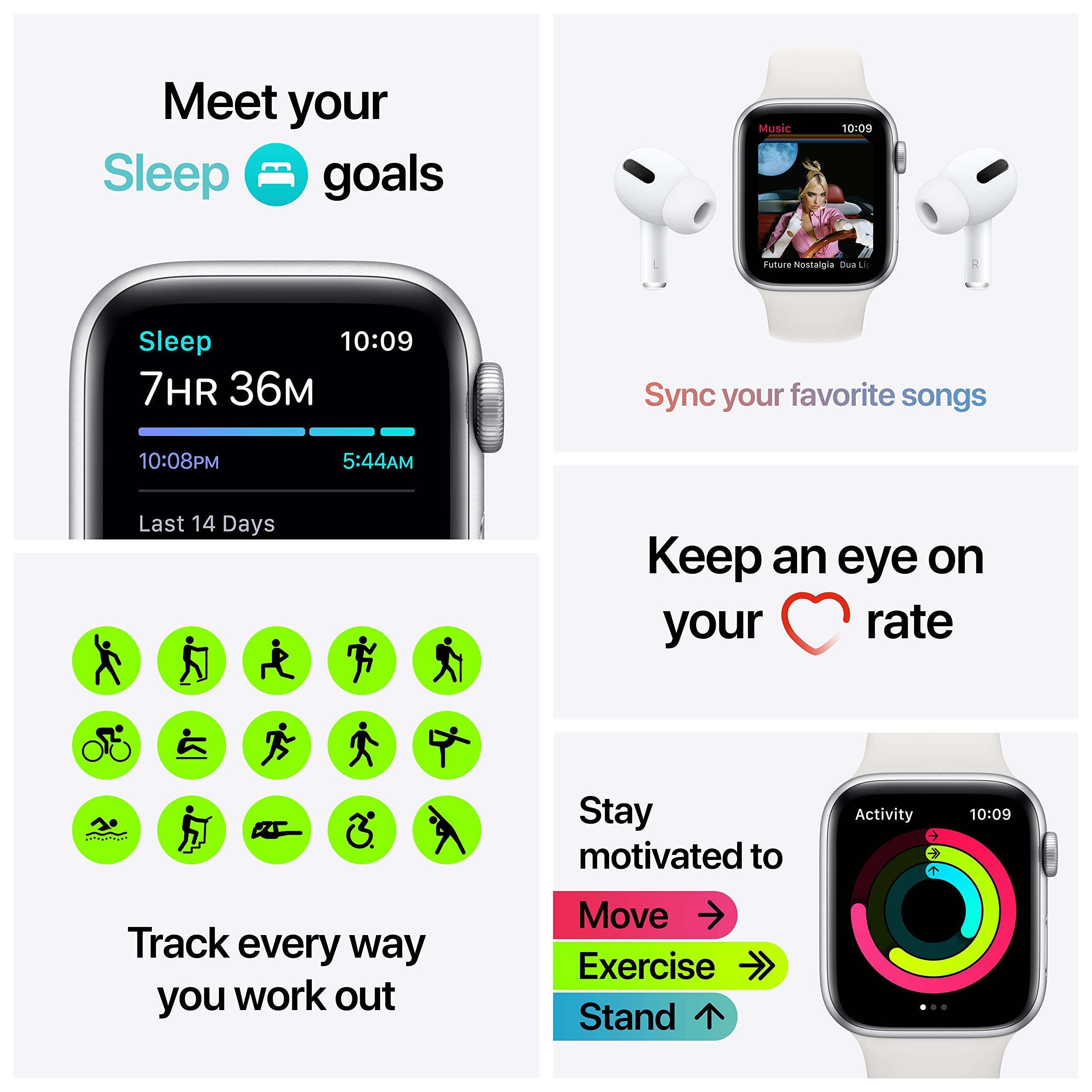 Apple Watch SE (GPS, 44mm) - Silver Aluminum Case with White Sport Band (Renewed)