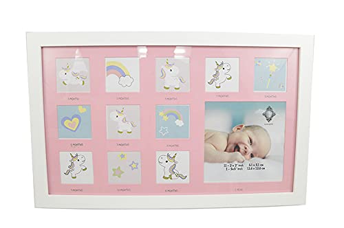 Concepts "My First Year 17x11 Wood Frame Wall Hang with and 12 Openings Pink or Blue (Pink)