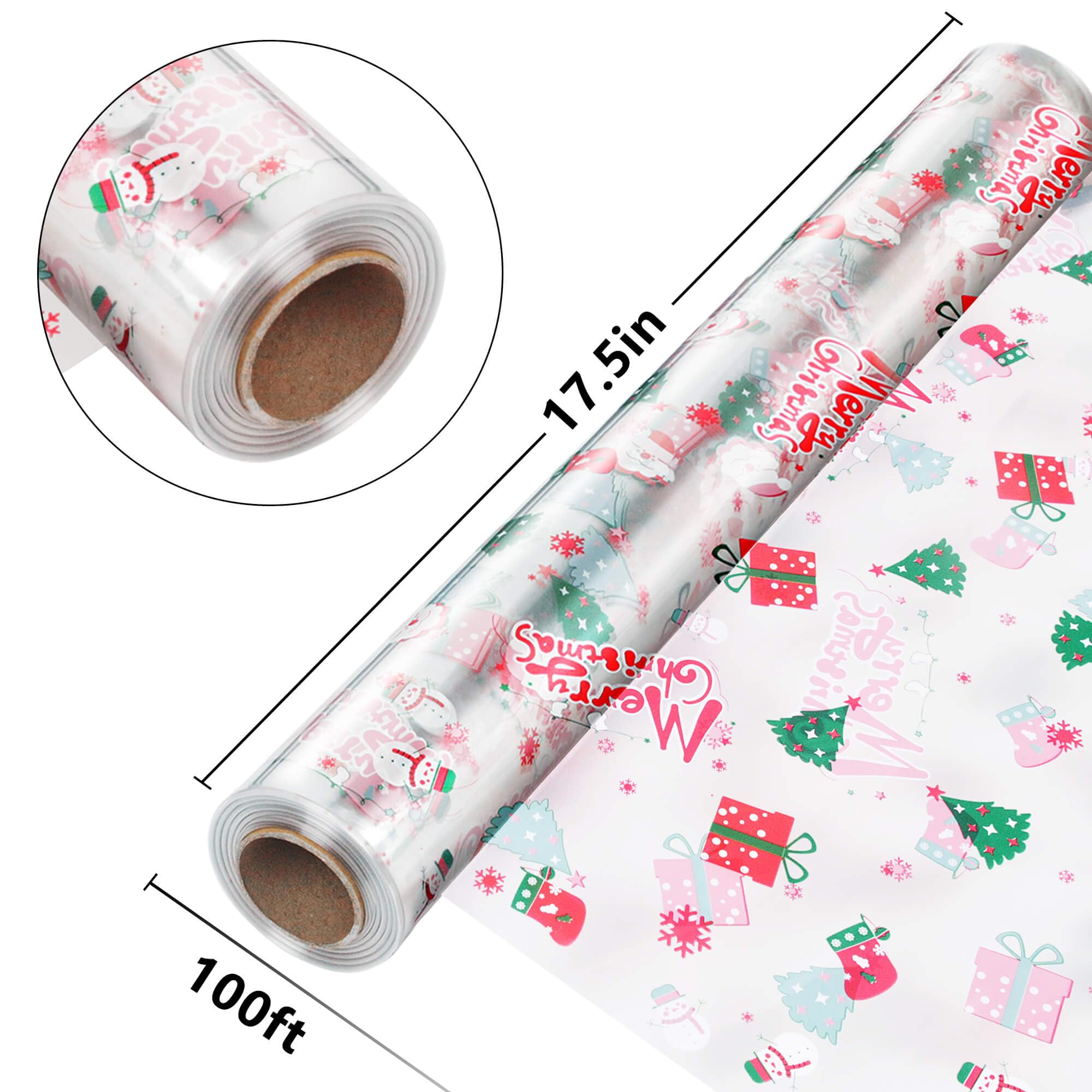 100' Long X 17.5β Wide Christmas Cellophane Wrap Roll - 3 Mil Thicker Christmas Cellophane Roll, Crystal Clear Merry Christmas Cellophane for Gift Baskets, Flower Arts Crafts Food Treats Wrapping