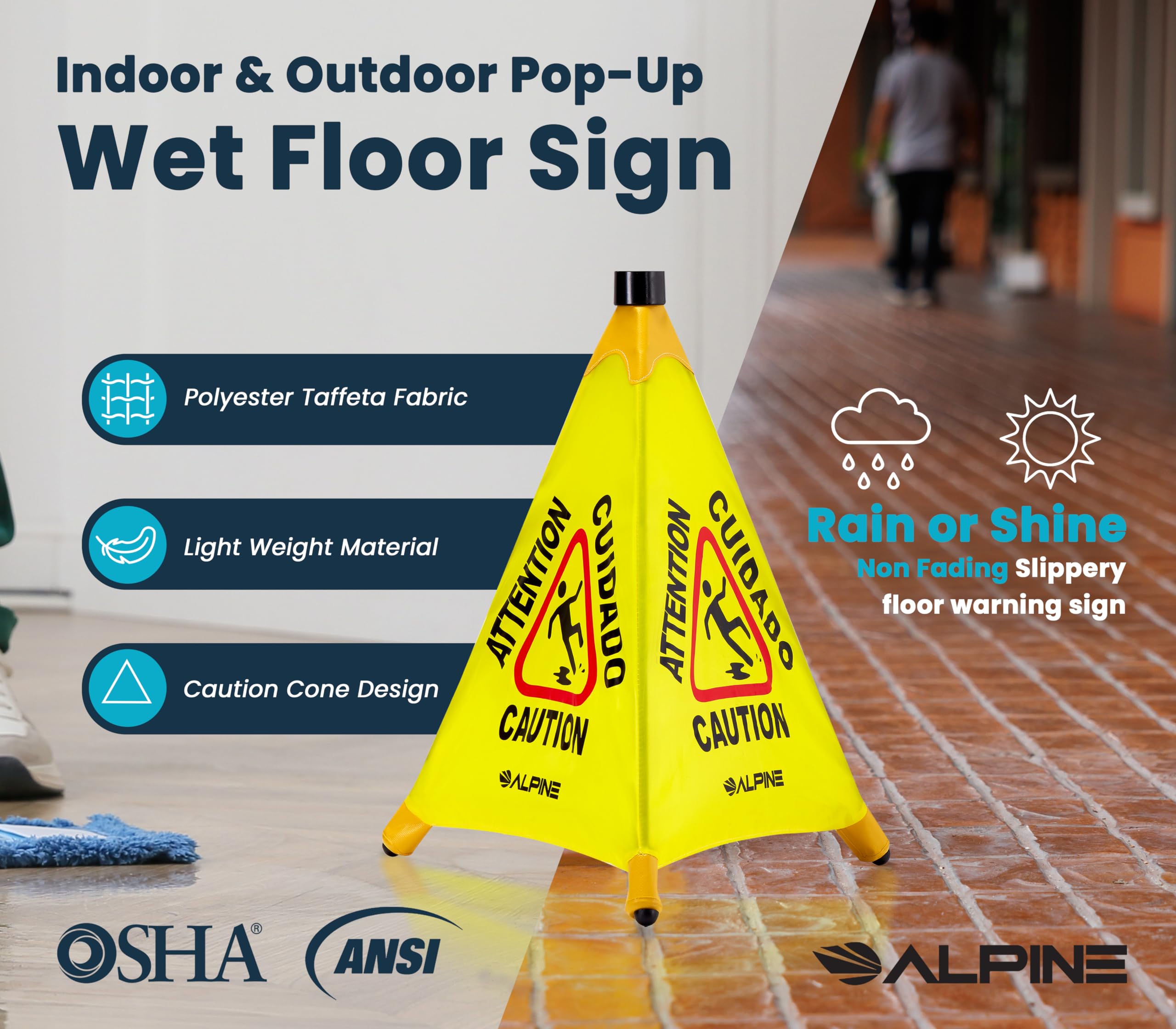 Alpine Caution Wet Floor Sign - Pop Up Slippery When Wet Sign, Wall Mounted Foldable Bilingual Yellow Safety Warning Caution Cone For Commercial & Office Use (30 Inches)
