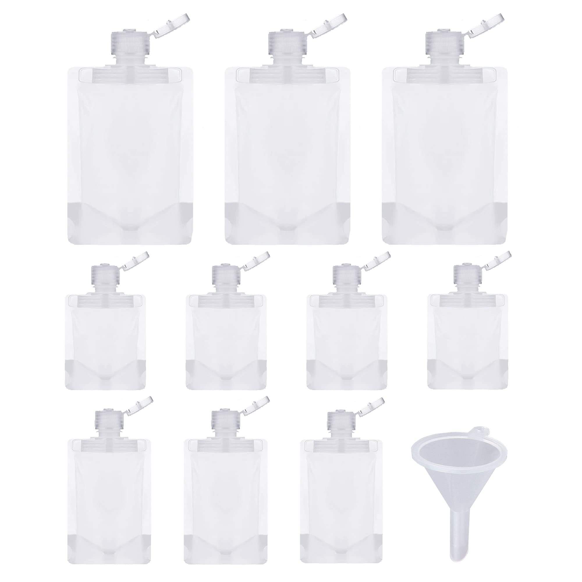 Portable Travel Fluid Makeup Packing Bag Transparent Clamshell Packaging Bag Plastic Stand Up Spout Pouch Refillable Empty Squeeze Pouch for Lotion/Shampoo/Face Cream/Hand Soap (10 Pcs) Gift Funnel