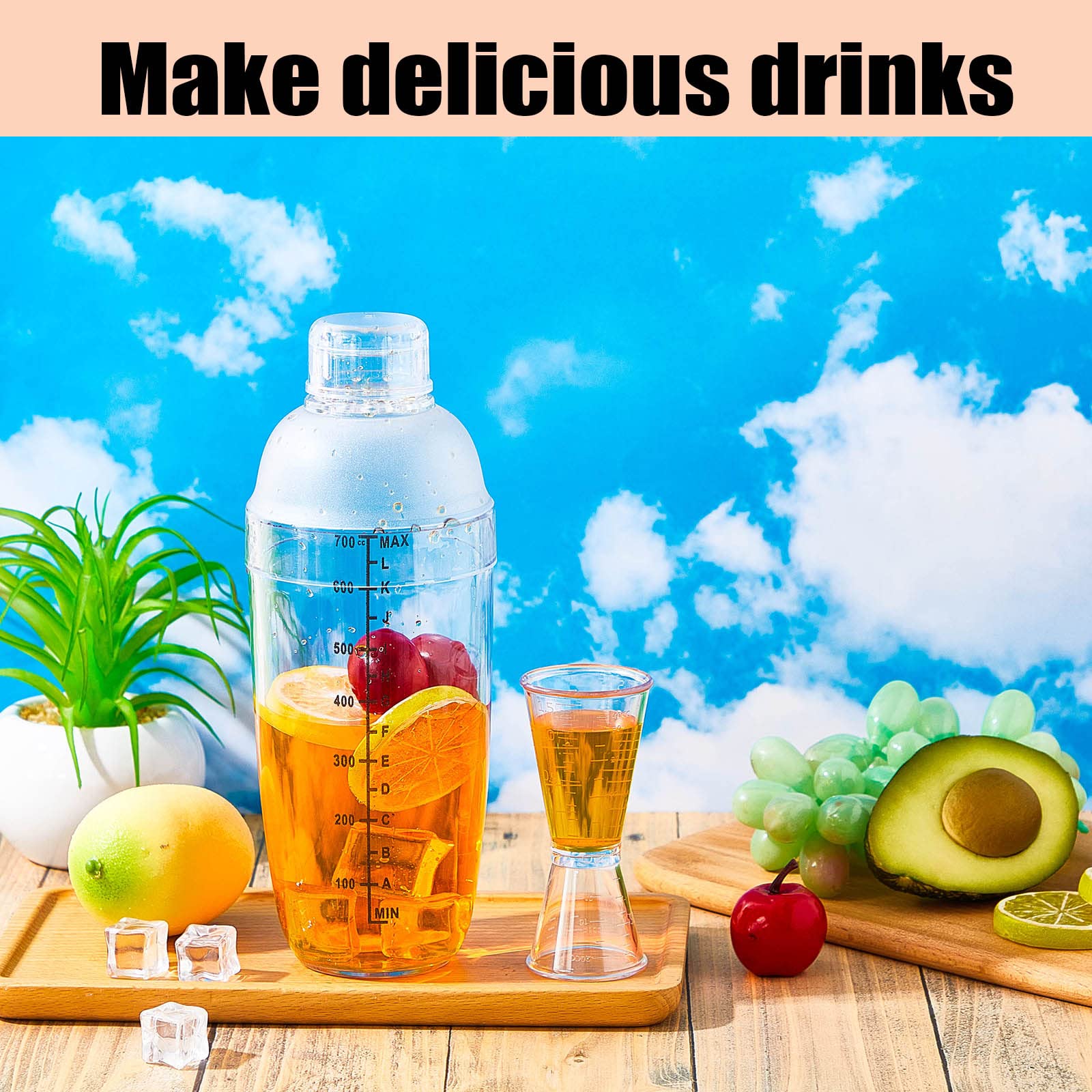 10 Pcs Plastic Cocktail Shaker Set, Including 8 Pcs 24 oz Clear Drink Shaker Drink Mixer Boba Tea Shaker 2 Pcs Cocktail Jigger Plastic Double Measuring Jigger for Bar Coffee