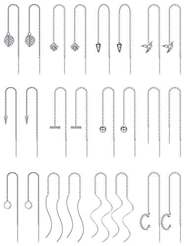 12 Pairs Threader Earrings for Women Stainless Steel Chain Tassel Earrings Threader Lightweight Wave Long Bar Arrow Drop Dangle Chain Earrings Set (Silver)