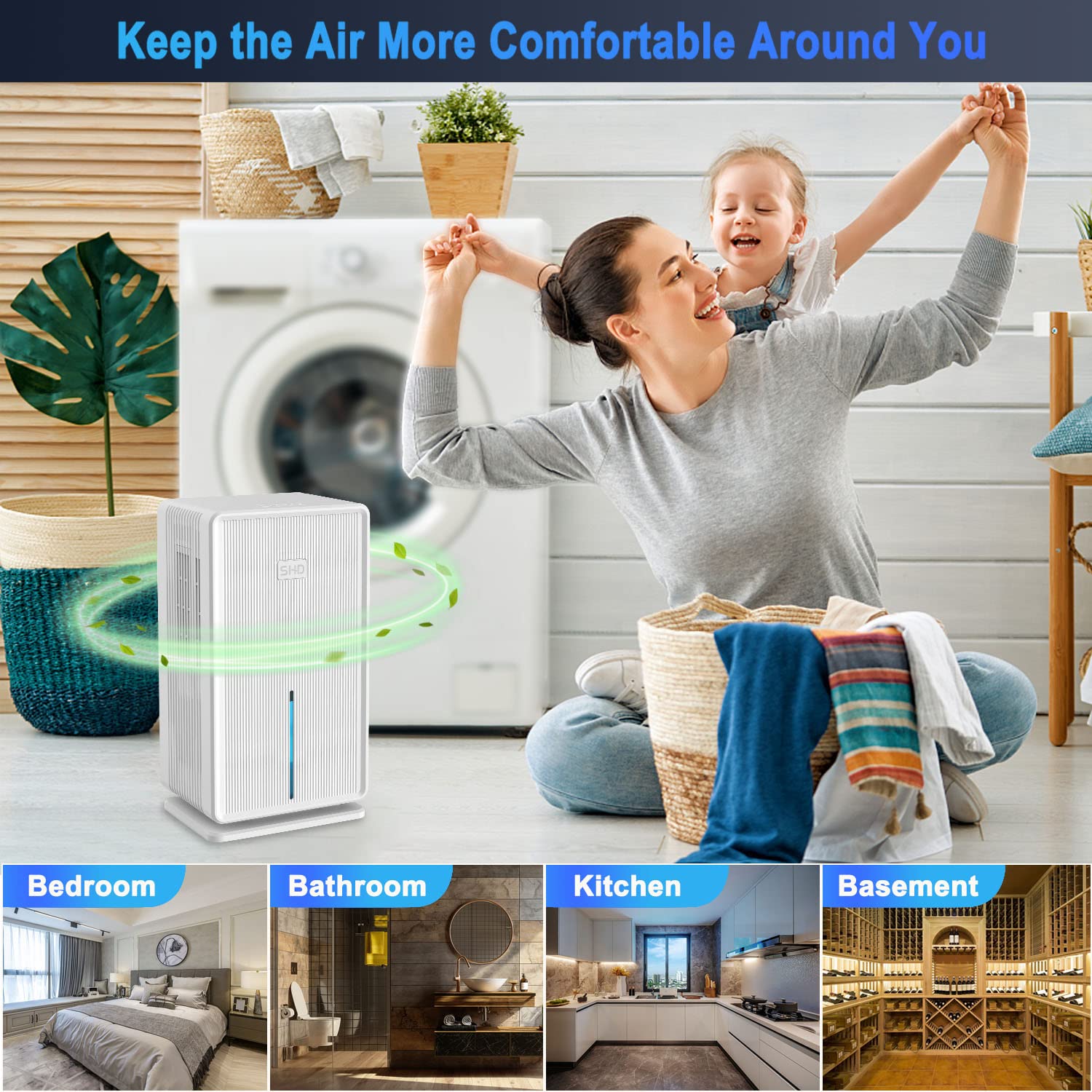 102oz Dehumidifiers for Home Bedroom Basement, SHD Small Dehumidifier with Colorful Light & 2 Working Modes, Smart Dehumidifiers for Bathroom Closet RV