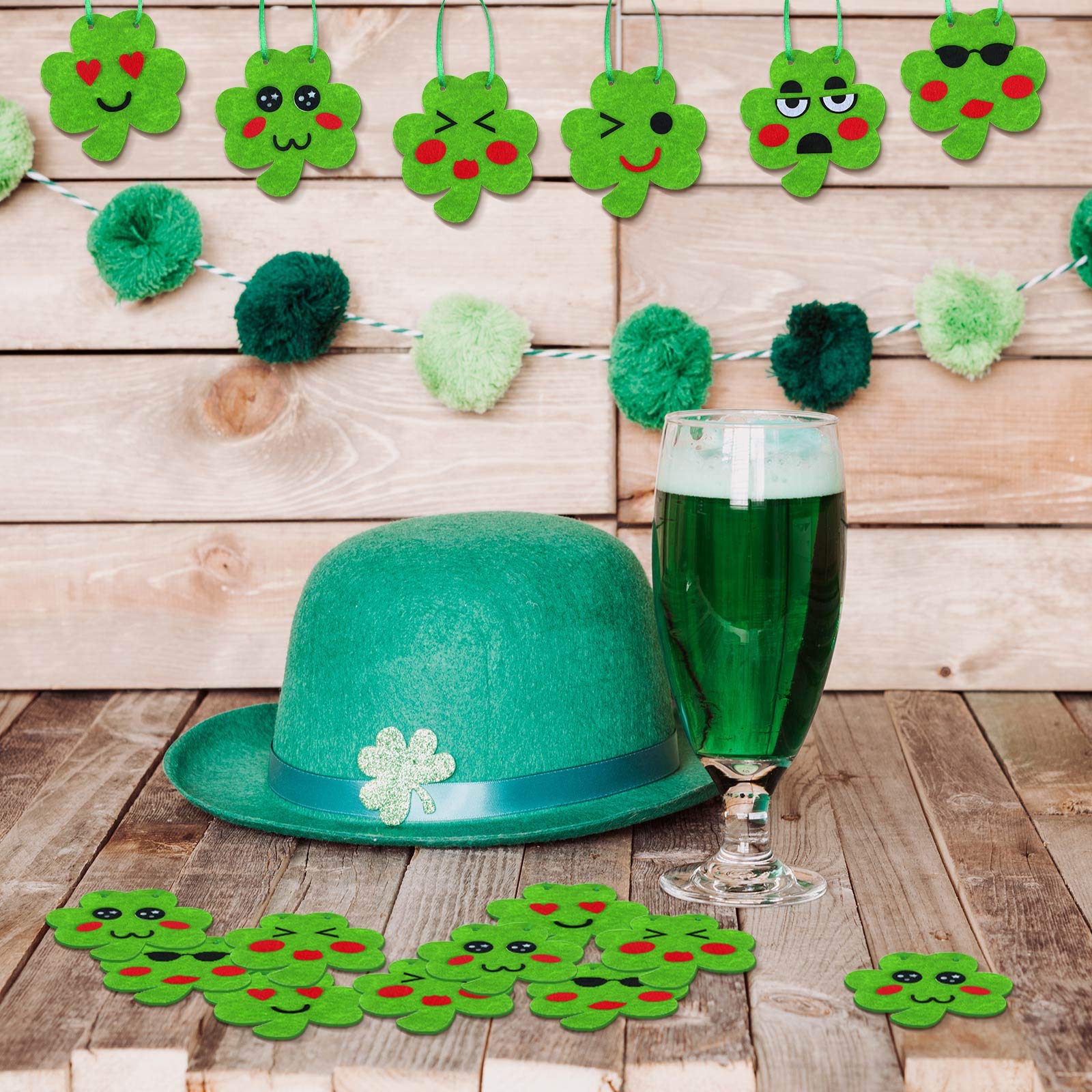36 Pieces St. Patrick Day Shamrock Ornament Craft Kit, Irish Green Felt Clover Hanging Decoration Wall Hanging Ornament Shamrock Expression for DIY Present Party Favor Classroom School Decor Supplies