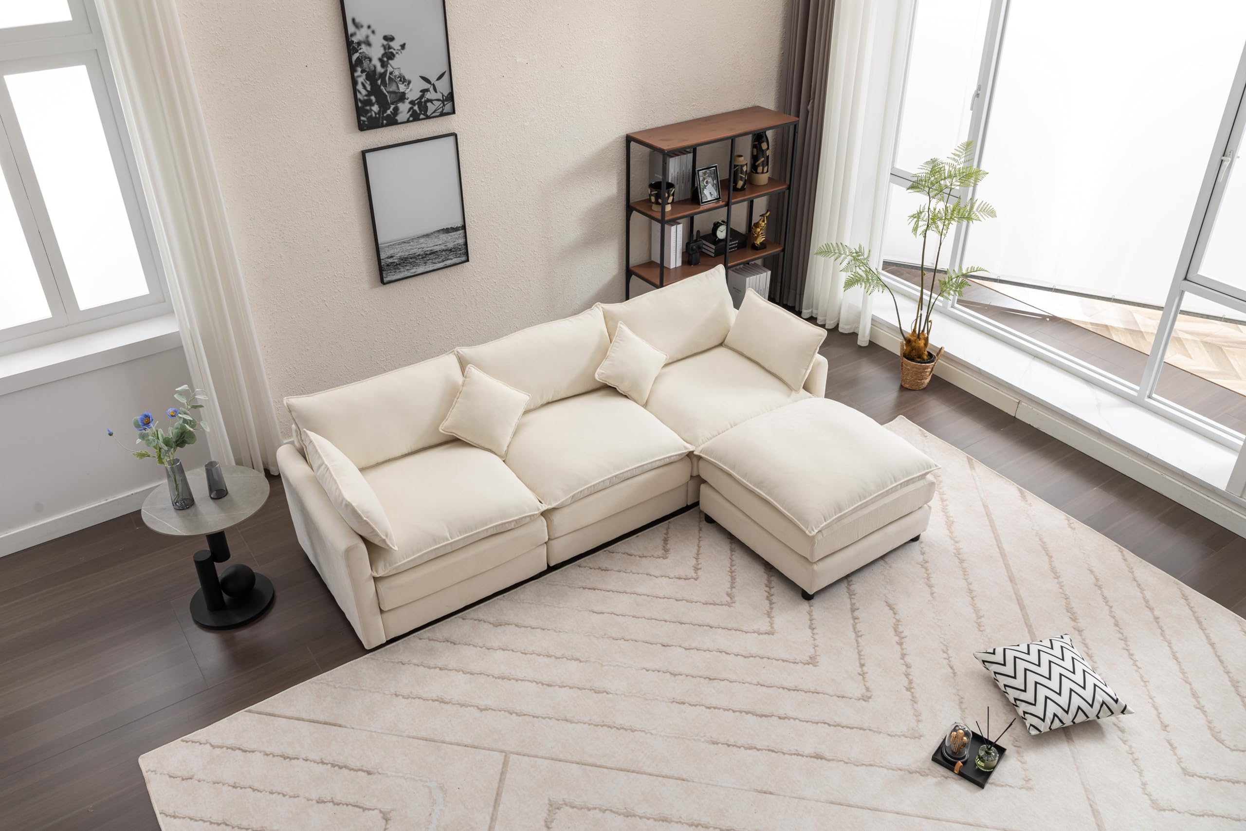 100" Modular Sectional Sofa L-Shaped, Modern Modular Sectional Cloud Couch 3-Seater Sofa with Movable Ottoman, Chenille Upholstered Cloud Couches for Living Room (Beige)
