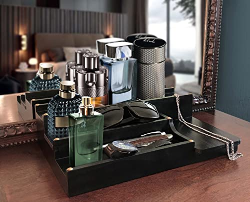ALCEDIA Cologne Organizer for Men - 4 Tiered Solid Wood Cologne Stand Display Shelf with Hidden Compartment. Vanity Organizer, Perfume Organizer, Spices Organizer and Funko Pop Shelves. (Rustic Black)