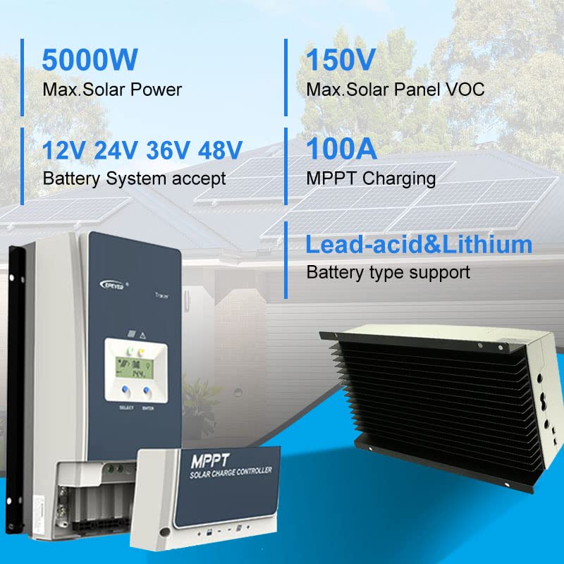 100A MPPT Solar Charge Controller 12V/24V/36V/48V Auto, Max.PV 150V Solar Panel Regulator fit for Lead-Acid/Lithium/LiFePO4 Battery (Tracer10415AN)