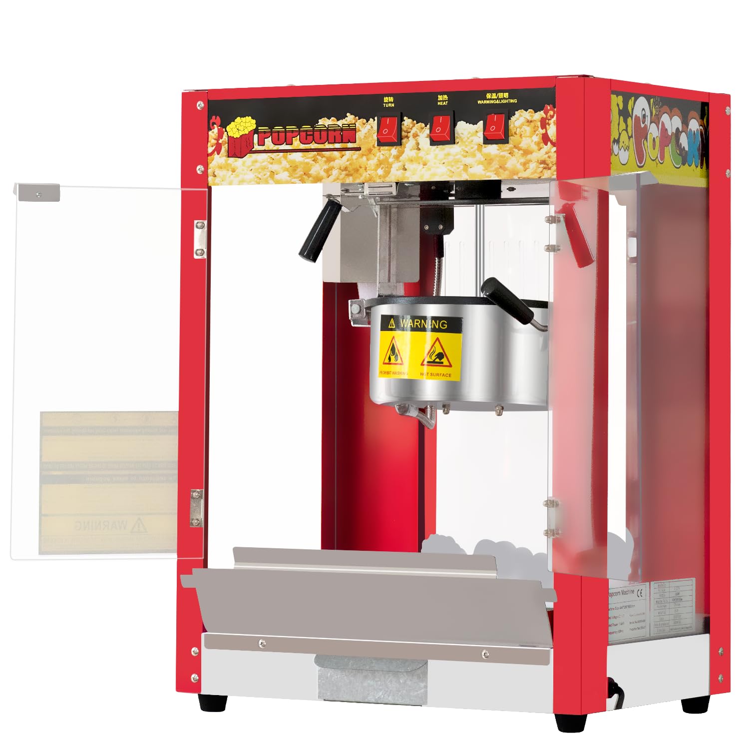 110V US Commercial Popcorn Machine, 8oz Popcorn Maker with Stainless-Steel Kettle,1400 W Countertop Popcorn Maker ,Movie Theater Popper with 3-Switch Control Steel Frame Acrylic Doors, Red