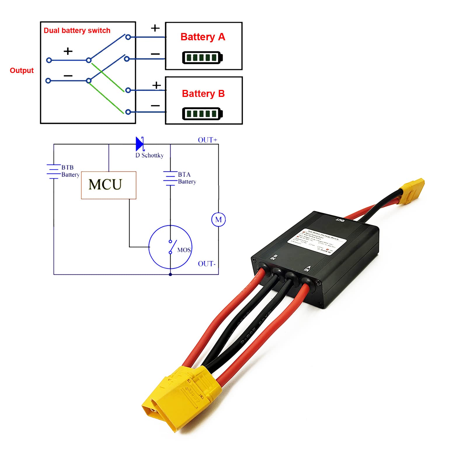 100A E-Bike Dual Battery Discharge Converter Dual Battery Pack Switch XT90 Connector Adapter for Increase Battery Capacity by Connecting Two Batteries in Parallel Equalization Module 24-72V DC