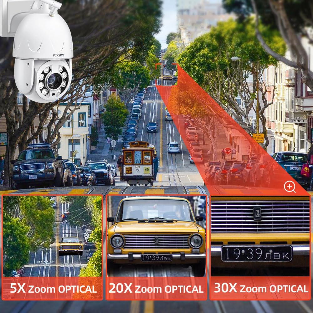 Funxwe 5MP 30X Optical Zoom WiFi Security PTZ Camera ​Wireless Wired CCTV Surveillance with Onvif Two Way Audio, Motion Detection Auto Tracking, Color Night Vision 330ft