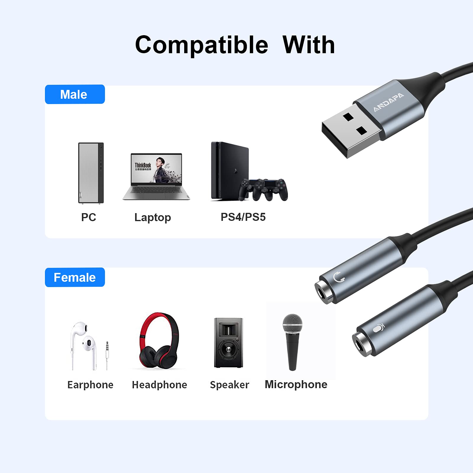USB Headset Adapter,ANDAPA USB Audio Adapter Stereo External Sound Card with 3.5mm Headphone and Microphone Jack for Windows Mac Linux PC Laptops Desktops PS5