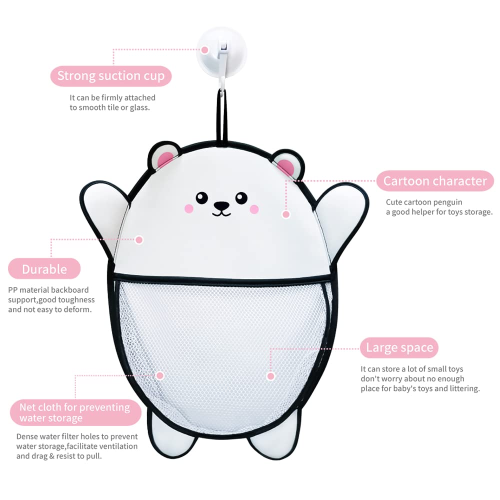 Spuddies Bath Toy Organizer Shower Caddy Cute Bear Design - for Bathroom Baby Toy Storage Quick Dry Bathtub Mesh Net Baby Toy Holder with Suction Hooks