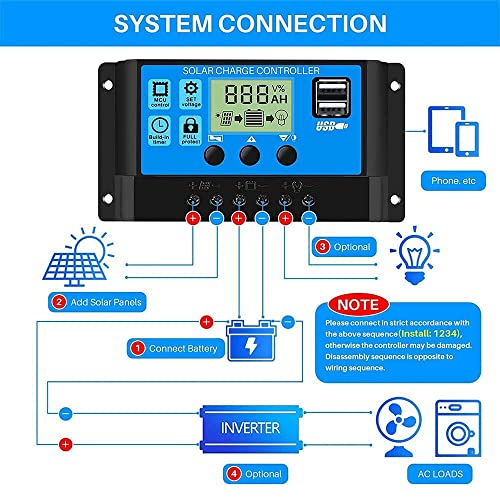 100A Solar Charge Controller, Solar Panel Battery Intelligent Regulator with Dual USB Port 12V/24V, Multi-Function Adjustable LCD Display Street Light Controller (Blue)