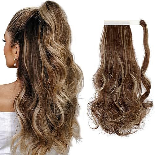 FELENDY 18" 20" 22" 24" Ponytail Extension Curly Wavy Straight Drawstring Hairpiece Wrap Around Long Synthetic Hair for Women(Ash Blonde Mix Light Brown)