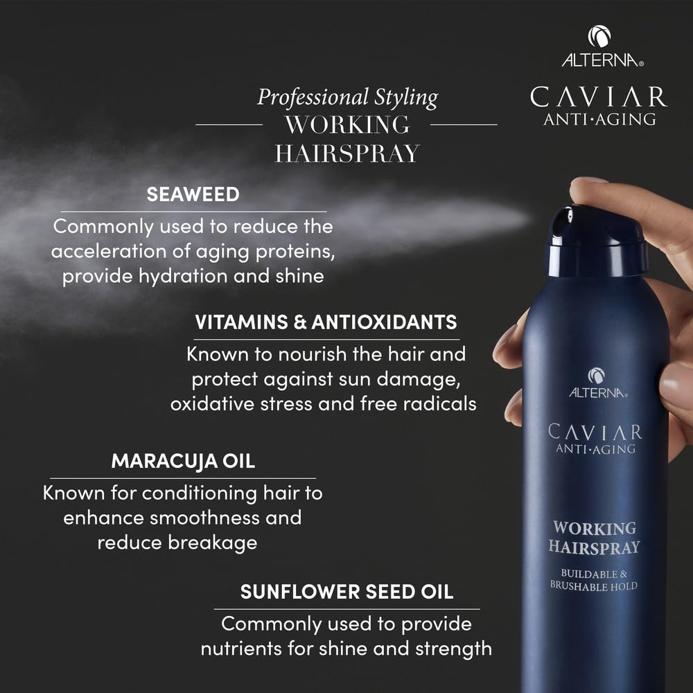Alterna Caviar Anti-Aging Professional Styling Working Hair Spray | Ultra-dry, Brushable | Helps Control Frizz & Adds Shine | Sulfate Free | Nutmeg