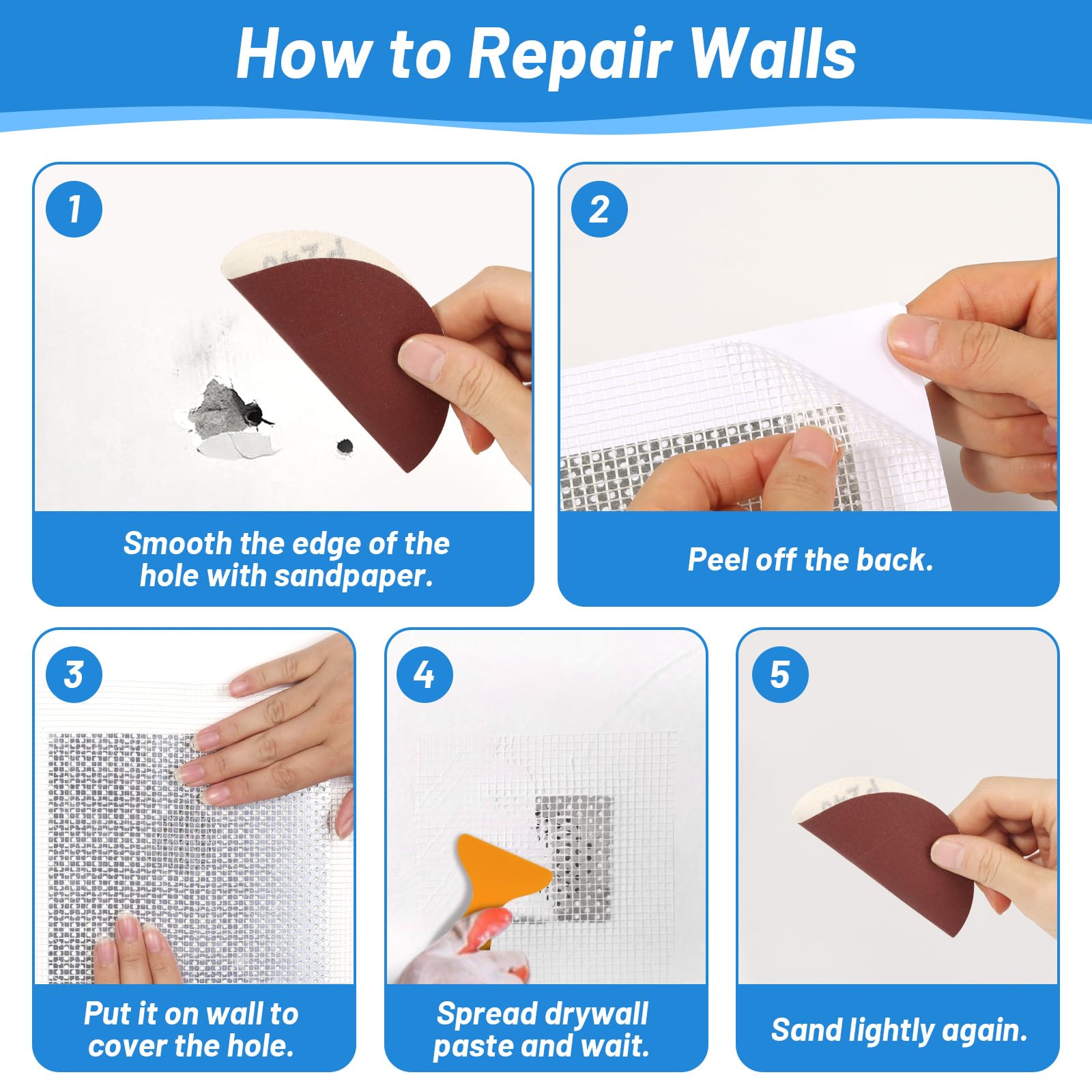 12 PCS 4/6/8 Inch Wall Repair Patch Kit, Aluminum Mesh Dry Wall Hole Repair Patch with Scraper Sandpapers Gloves Heavy Duty Wall Repair for Large Holes Quick Fixes