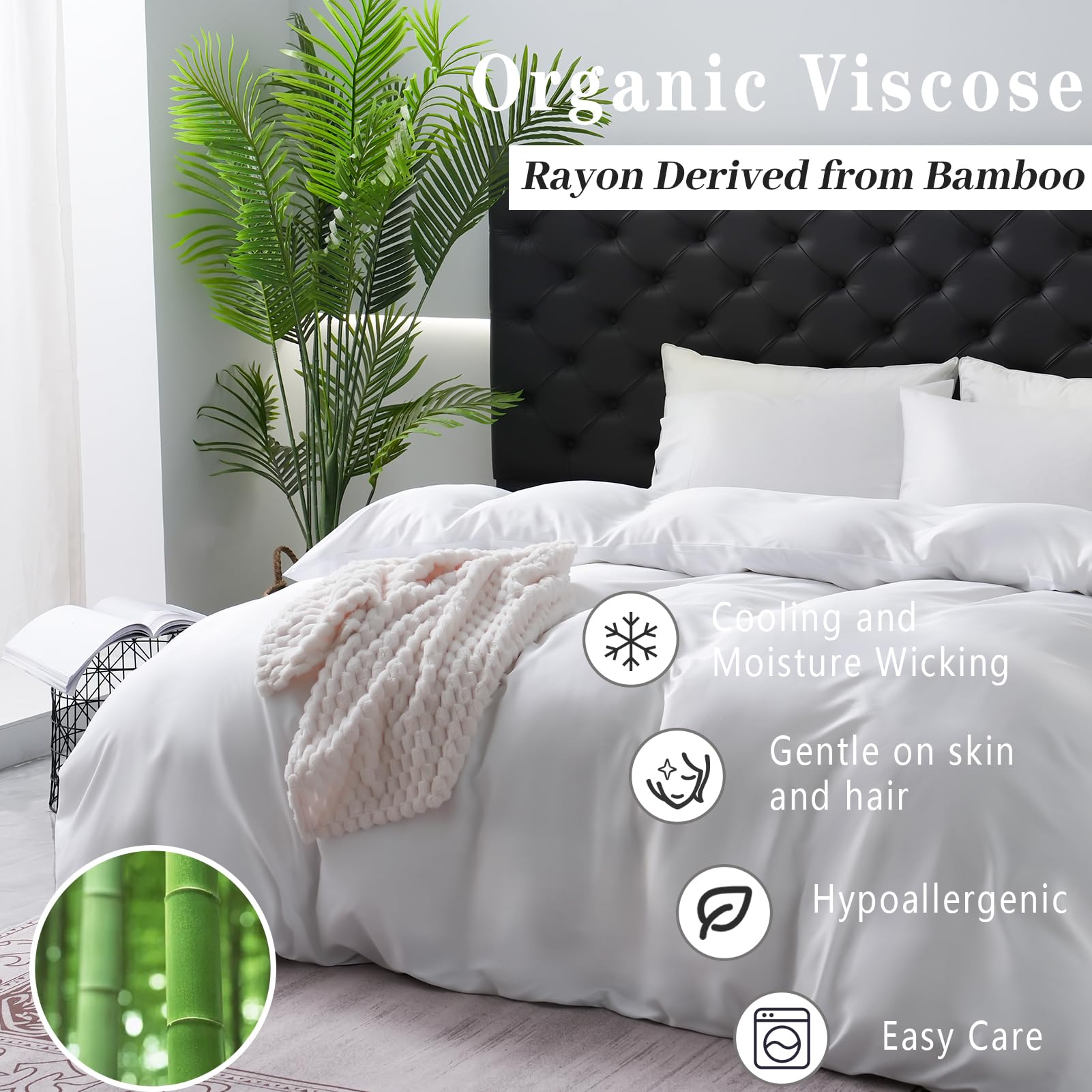 100% Cooling Duvet Cover King Rayon Derived from Bamboo Comforter Cover Cooling for Hot Sleepers Moisture Wicking with Corner Ties Zipper Closure(King,White)
