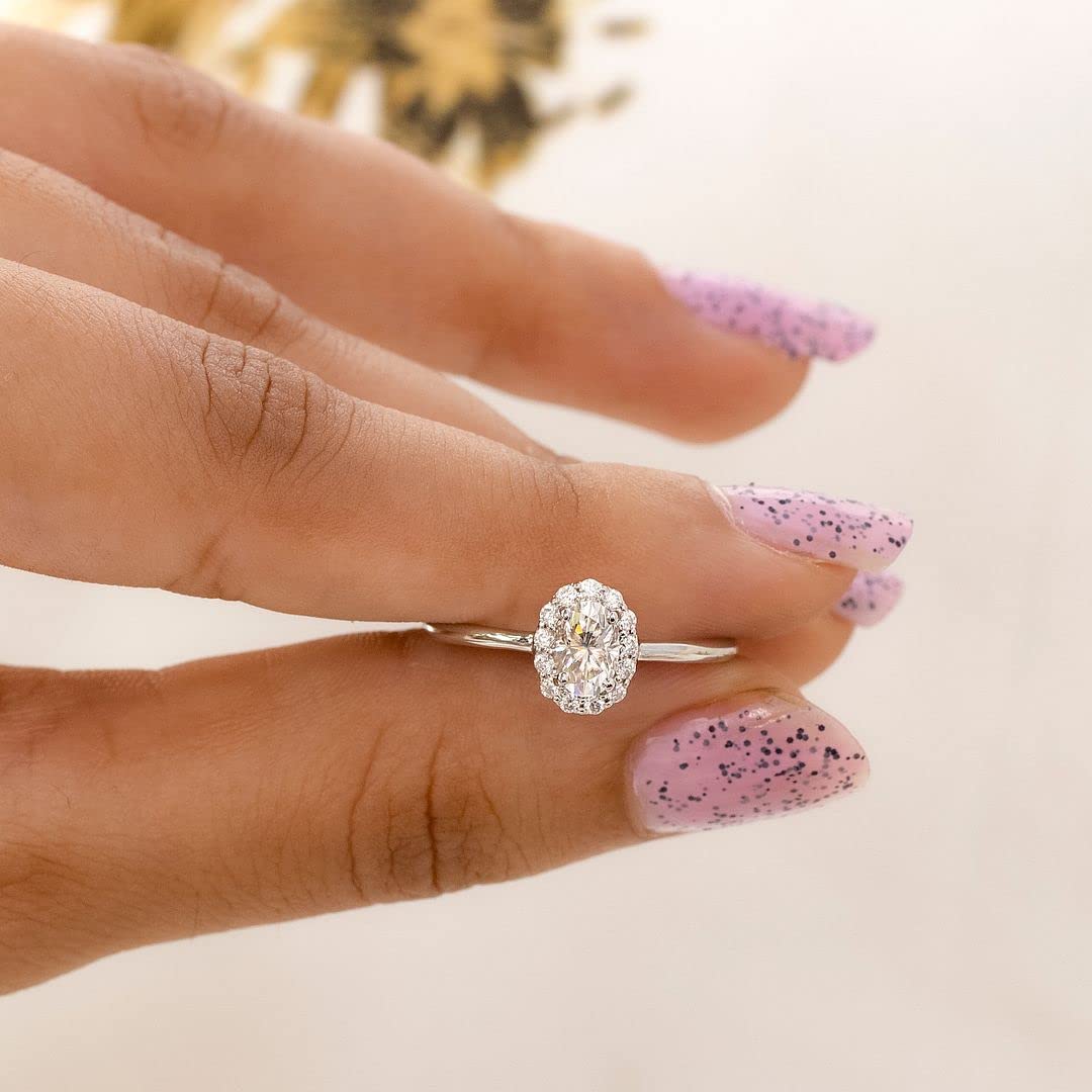 10K White Gold Oval Moissanite and Round Natural Diamond Solitaire Halo Delicate Engagement Ring Size 5US (5/8 CTW, I-J, SI)