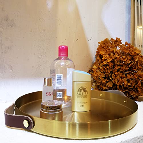 12 Inch Round Golden Tray with Brown Handle, Metal Vanity Tray with Mirror Finish, 1”Deep Decorative Brass Tray Serving Platter for Dessert Table, Jewelry, Exxacttorch