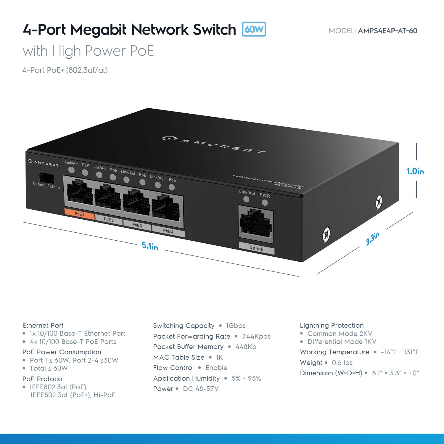 Amcrest 5-Port POE+ Switch (4-Port POE+) Metal Housing, POE 802.3af/at 60W (AMPS4E4P-AT-60)