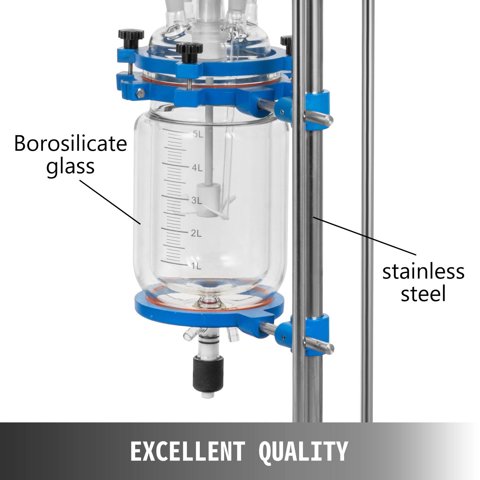 VEVOR Jacketed Reactor 5L Laboratory Glass Reactor, Jacketed Glass Reactor, Chemical Reaction Vessel, Lab Jacketed Reactor, Reaction Vessel Chemistry, with Digital Display, for Reaction Distillation