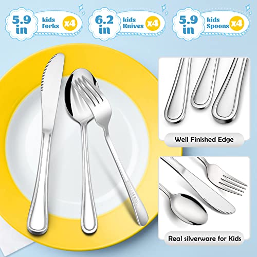 12-Piece Kids Silverware, E-far Stainless Steel Toddler Kids Utensils Safe for Preschooler/Children, Includes 4 Forks 4 Spoons 4 Knife, Slimline Adult Look & Small Size, Rust Free & Dishwasher Safe