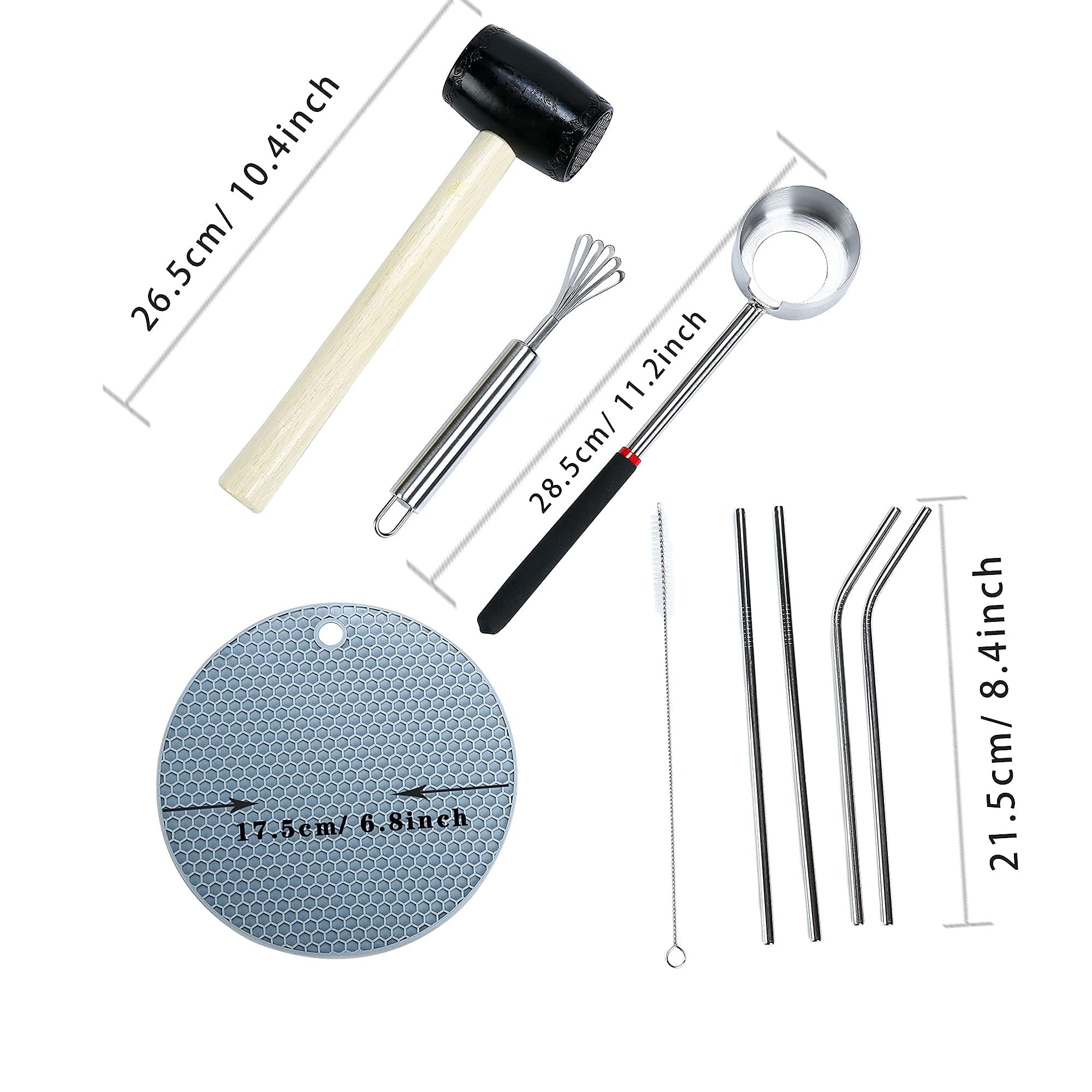 11 Pieces Coconut Opener Tool Set, Include 1 Coconut Opener Tool with Black Rubber Handle, 1 Stainless Steel Coconut Meat Removal Knife, 1 Straight St, 2 Bent Sts, 1 Cleaning Brush and 1 Bag