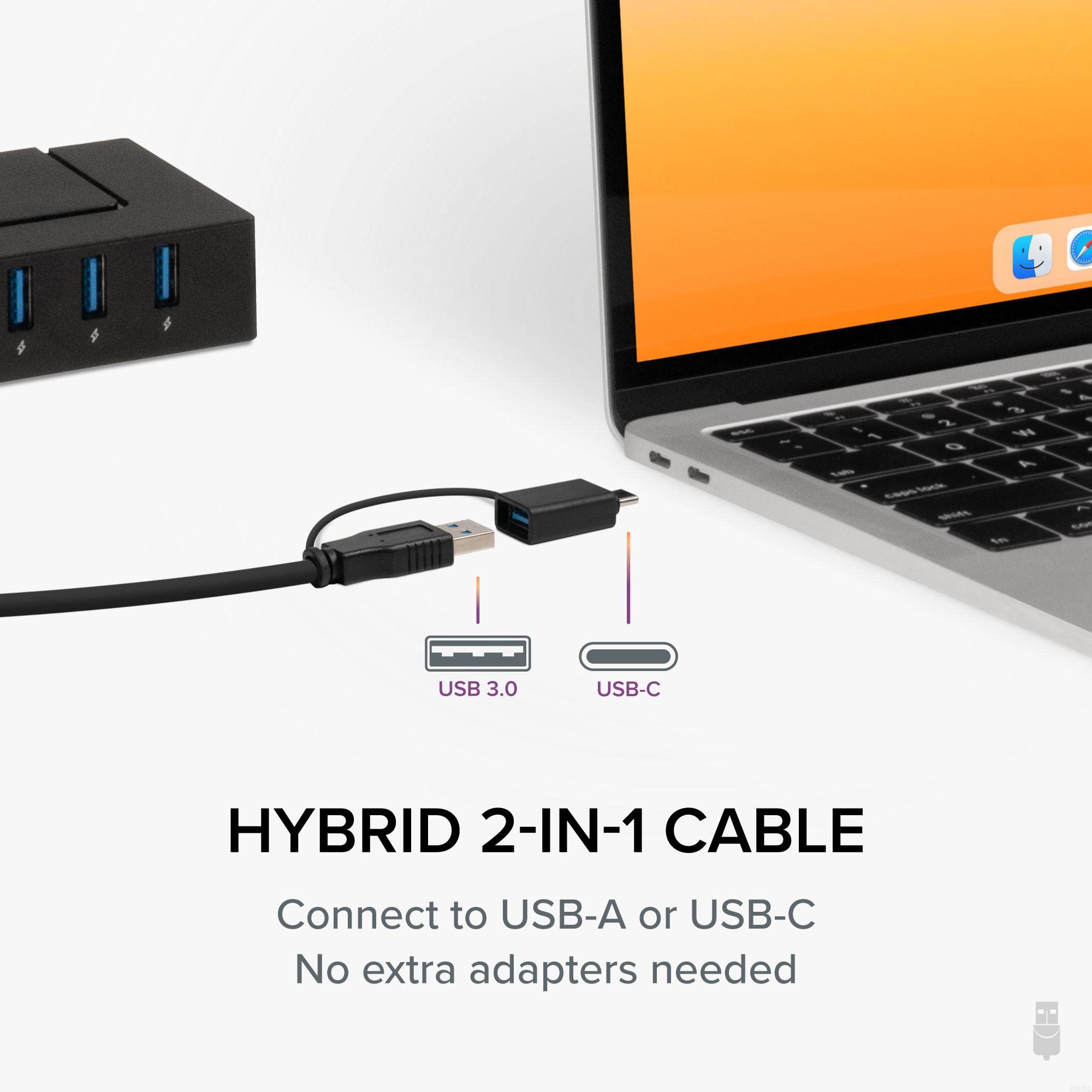 Plugable 7-in-1 USB Powered Hub for Laptops with USB-C or USB 3.0 - Power Station for Multiple Devices and Data Transfer with a 60W Power Adapter, Driverless