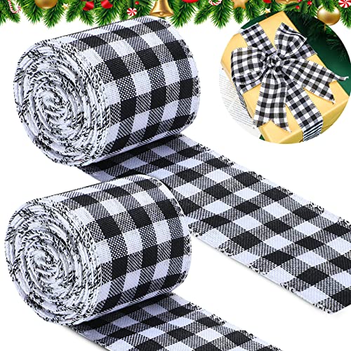 2 Rolls Wired Edge Ribbons Buffalo Plaid Burlap Ribbon Farmhouse DIY Gift Wrapping Crafts for Christmas Bow Wreath Tree Decoration (White Black Plaid, 2.5 Inch Wide, 472 Inch)