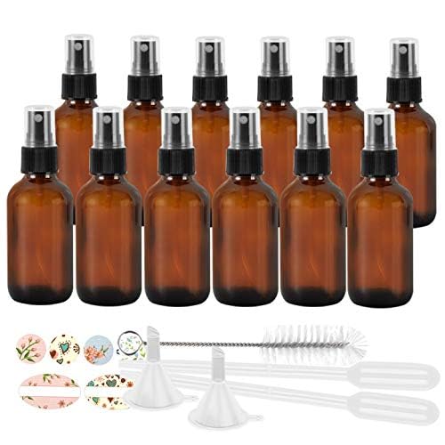 STARSIDE 12 Pack (120 ml) 4oz Amber Glass Spray Bottles with Fine Mist Sprayer & Dust Cap for Essential Oils, Perfumes,Cleaning Products.Included 1 Brush,2 Funnels,2 Droppers & 18 Labels.
