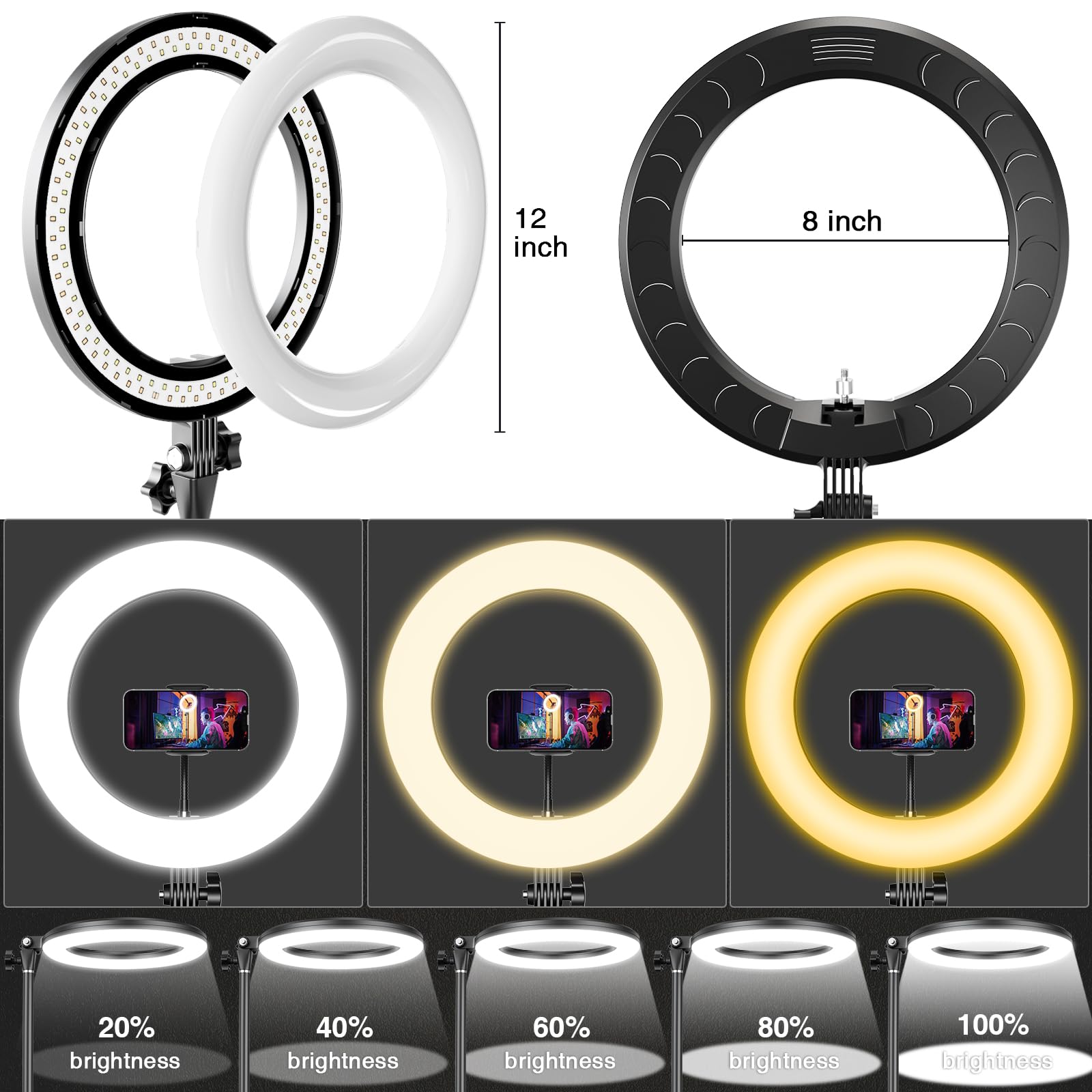 12'' Selfie Ring Light with Stand and Phone Holder - Tripod for iPhone with Ring Light, Circle Light for Video Recording, Photography, TikTok (12-INCH Ring Light with Tripod)