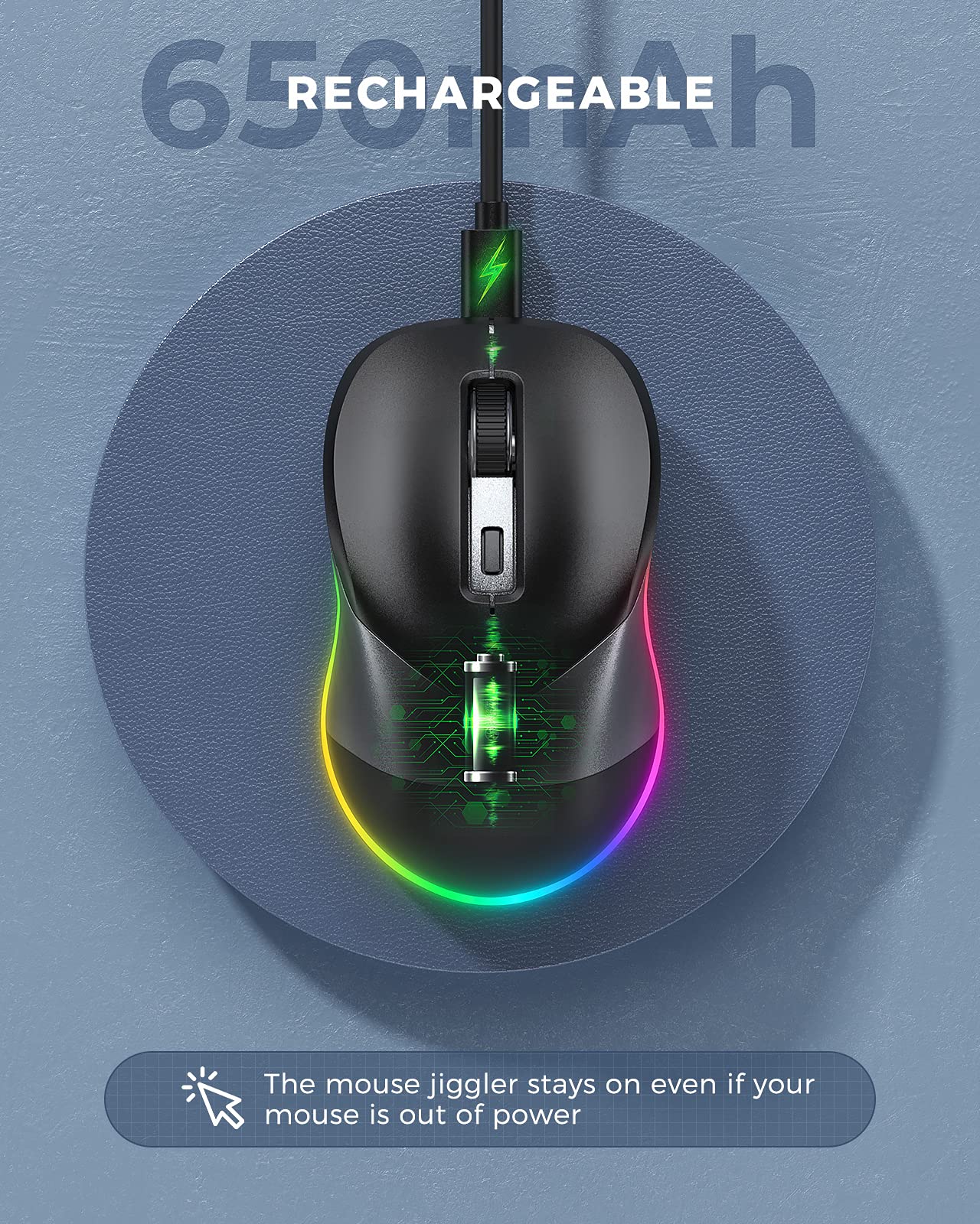 PEIOUS Wireless Mouse, Jiggler Mouse for Laptop - LED Mouse Rechargeable Computer Mice Mouse Mover Undetectable Random Movement with On/Off Button Keeps Computer Awake - Black&Grey