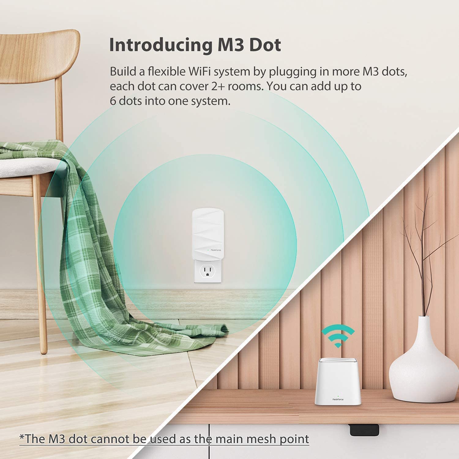 Meshforce M3 Mesh WiFi System (4 Pack), Up to 6000 sq.ft (8+ Rooms) Whole Home Coverage, WiFi Router Replacement, Parental Control, Plug-in Design (1 WiFi Point & 3 Dots)
